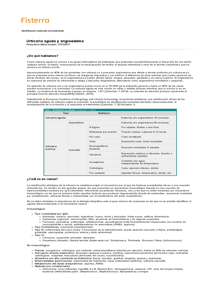 Guía Clínica de Urticaria Aguda y Angioedema - FISTERRA | PDF | Sistema ...