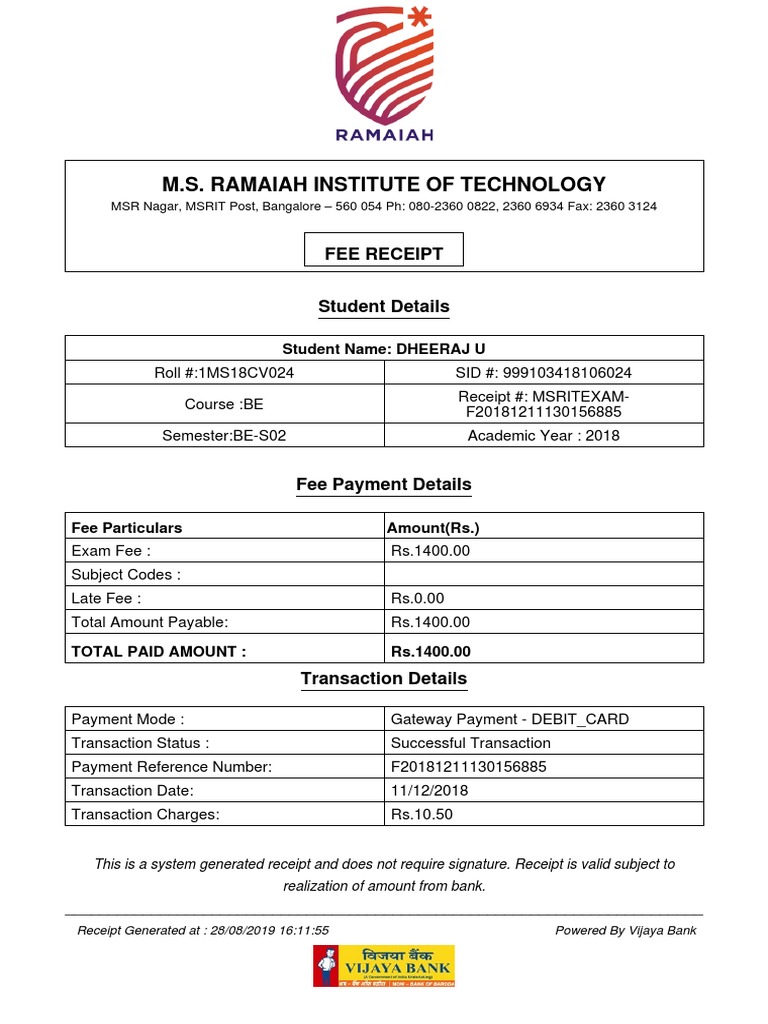 M.S. Ramaiah Institute of Technology: Fee Receipt | PDF