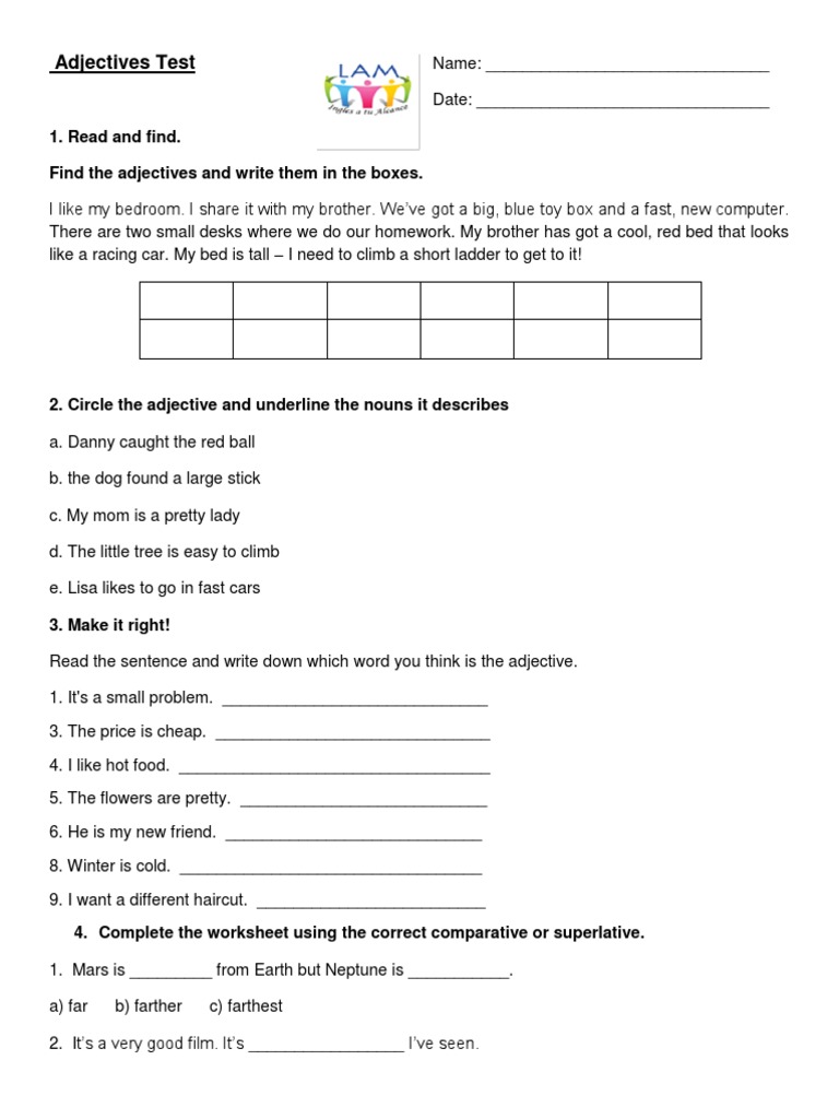 Adjectives Test: 1. Read and Find. Find The Adjectives and Write Them ...