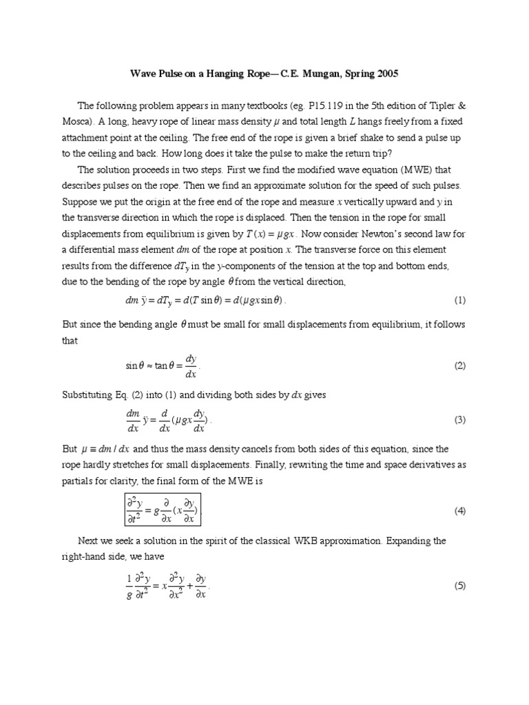 Wave Pulse On A Hanging Rope-C.E. Mungan, Spring 2005: Dy DX | PDF ...