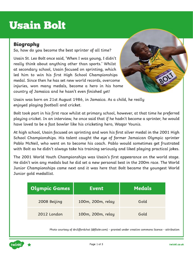 Usain Bolt Biography Differentiated | PDF
