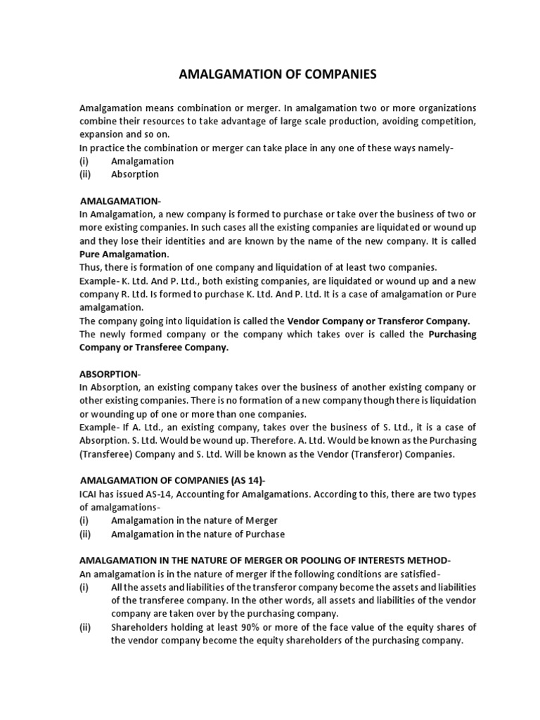 Amalgamation of Companies | PDF | Consolidation (Business) | Equity ...