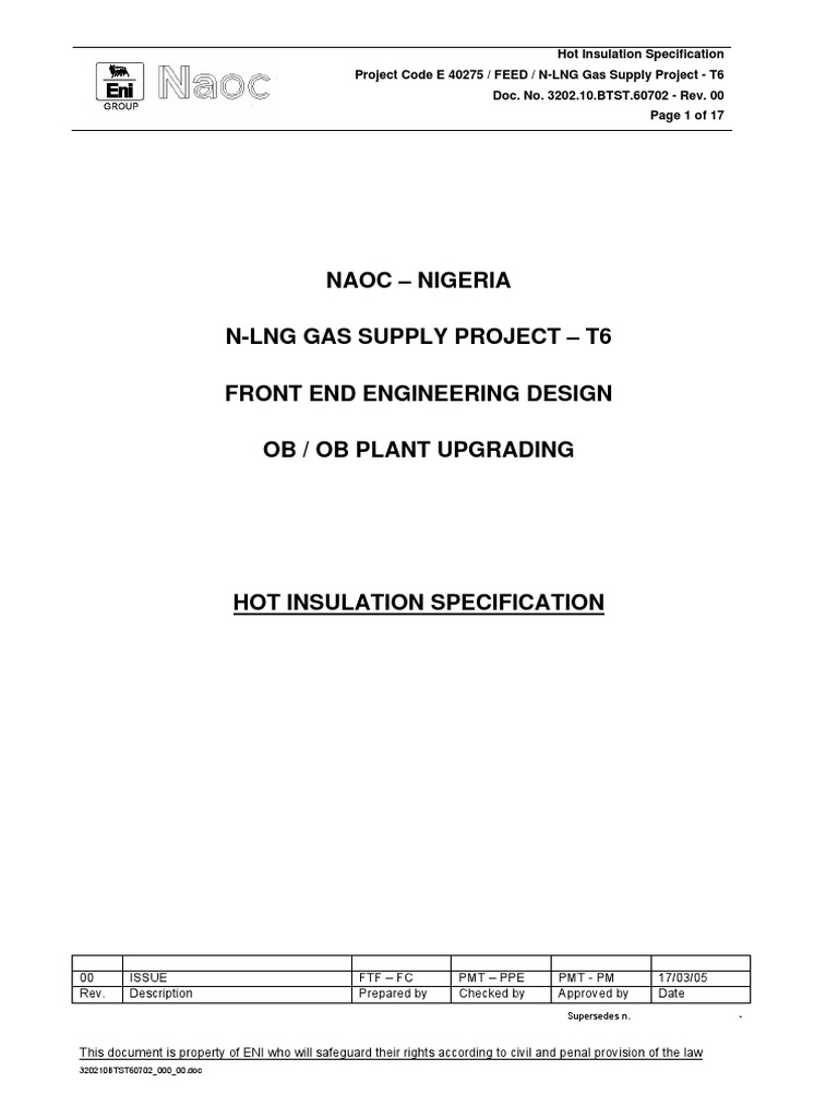 Hot Insulation Specification for N-LNG Project | PDF | Thermal ...