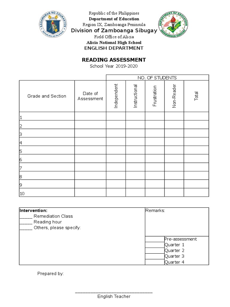Reading Assessment Form | PDF | Education Theory | Pedagogy