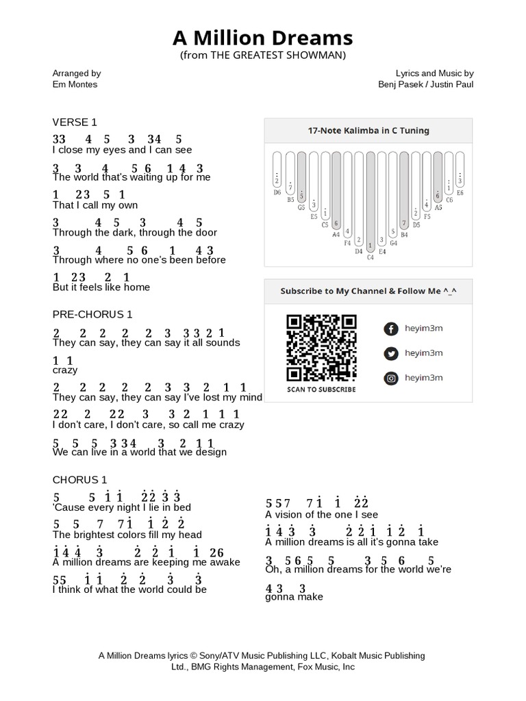 A Million Dreams Kalimba Notes | Song Structure | Musical Compositions