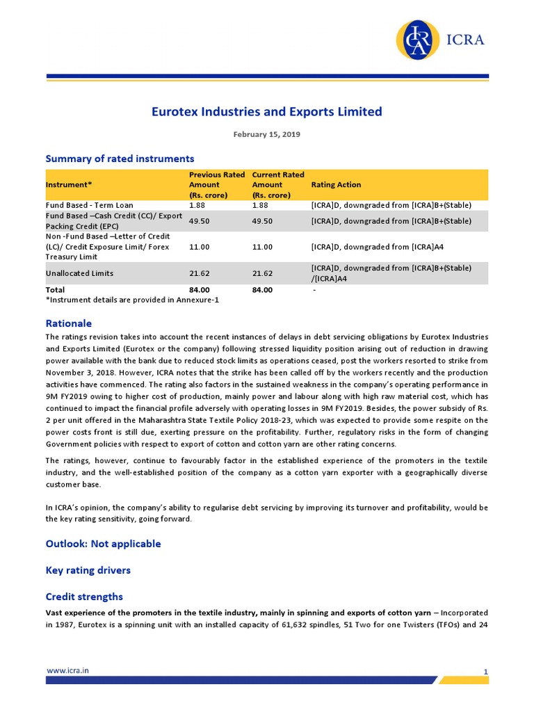 Eurotex Industries and Exports Limited: Summary of Rated Instruments ...