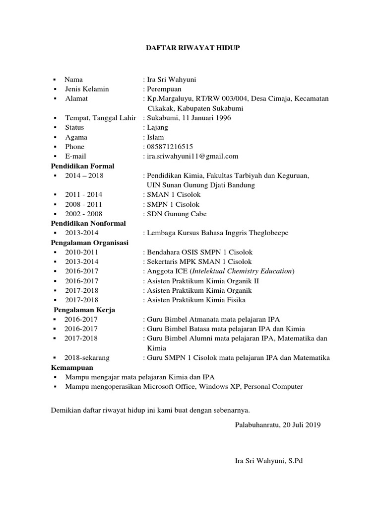 CV Dan Surat Lamaran Kerja (Ira Sri Wahyuni) | PDF