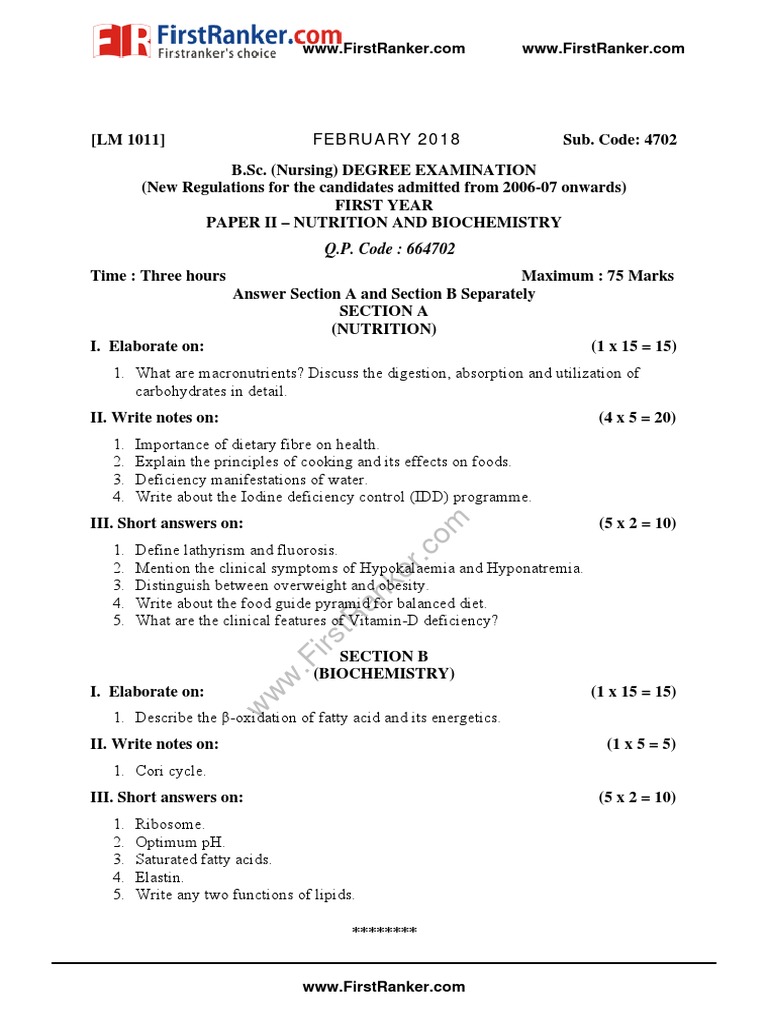 B.SC Nursing - 2018 - Question Papers - First Year - Nutrition and Biochemistry FR 5 | PDF ...