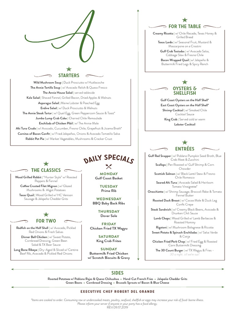 The Annie Dinner Menu NoPricing 9.18 | Salad | Hamburgers