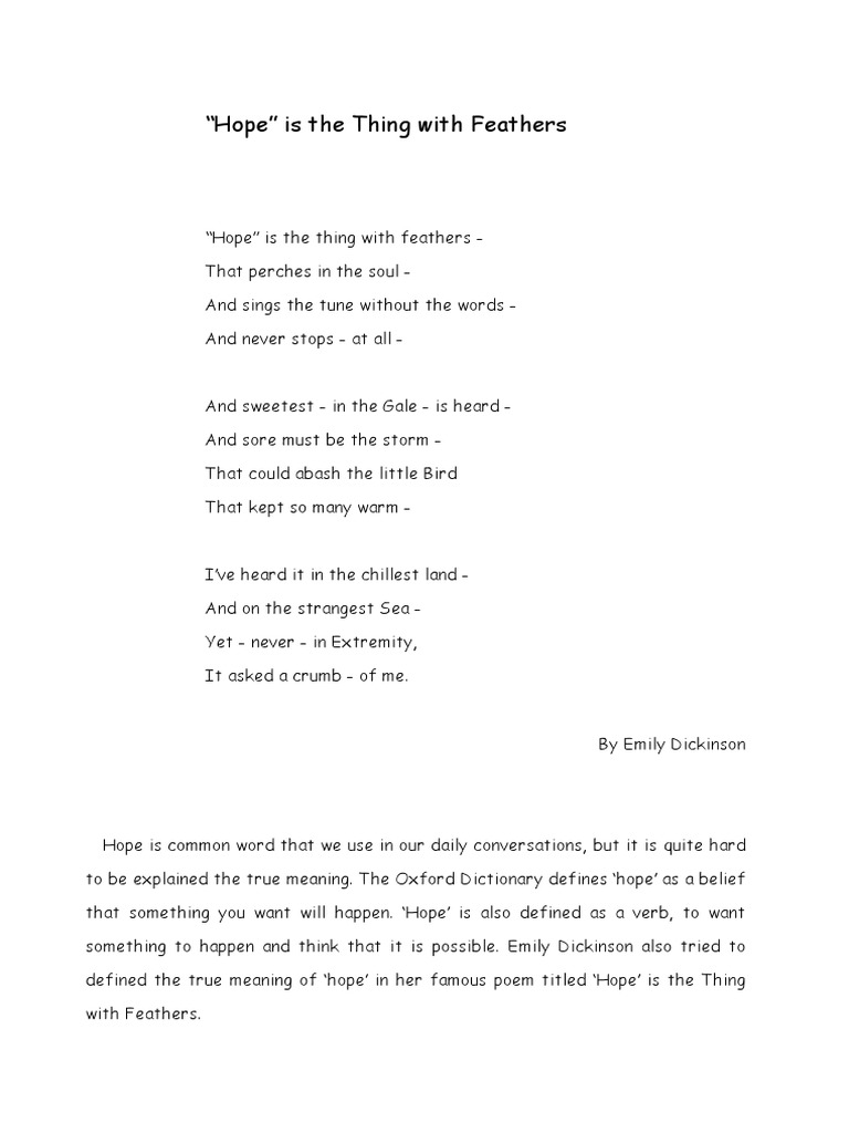 "Hope" Is The Thing With Feathers | PDF | Emily Dickinson | Hope