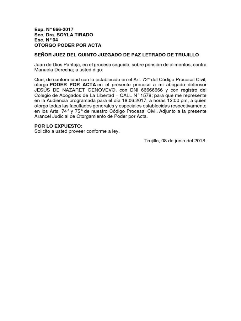 Modelo de Poder Por Acta en Proceso de Alimentos para Abogado | PDF