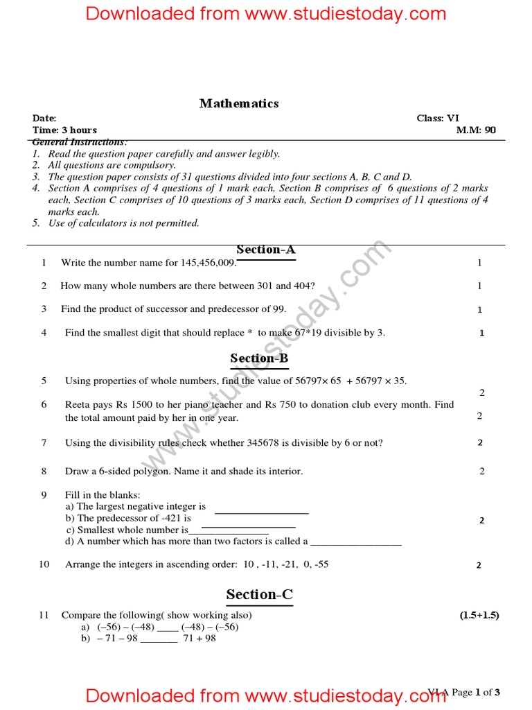 CBSE Class 6 Mathematics Question Paper Set B - 0 | PDF | Integer | Circle