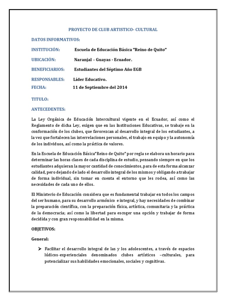 Proyecto de Club Artistico | PDF | Educación primaria | Ecuador