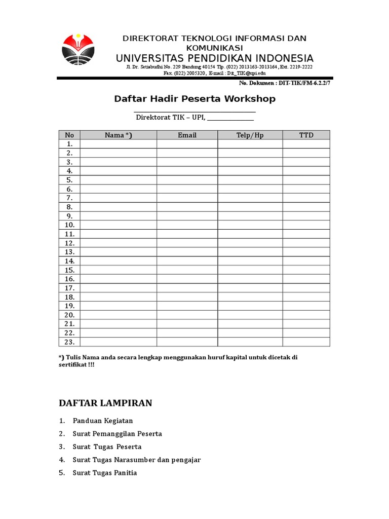 Daftar Hadir Peserta Workshop Contoh | PDF