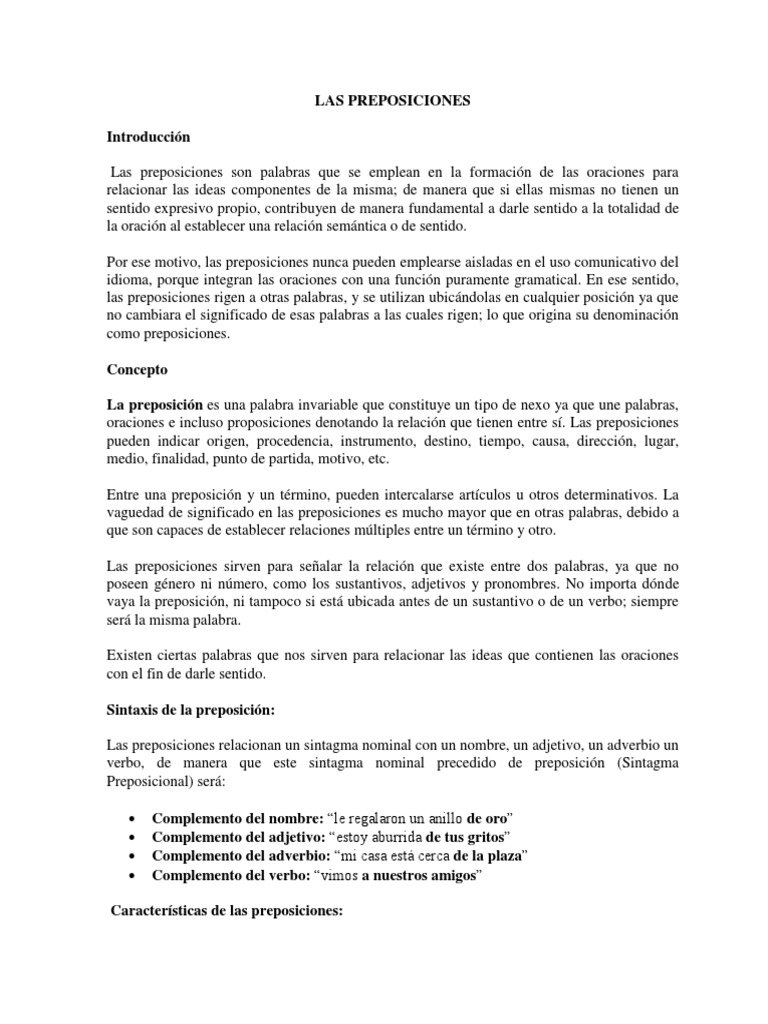 Las Preposiciones | PDF | Preposición y Postposición | Palabra