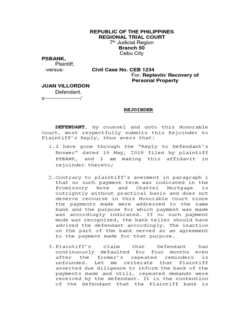 Rejoinder Civil | PDF | Lawsuit | Judiciaries