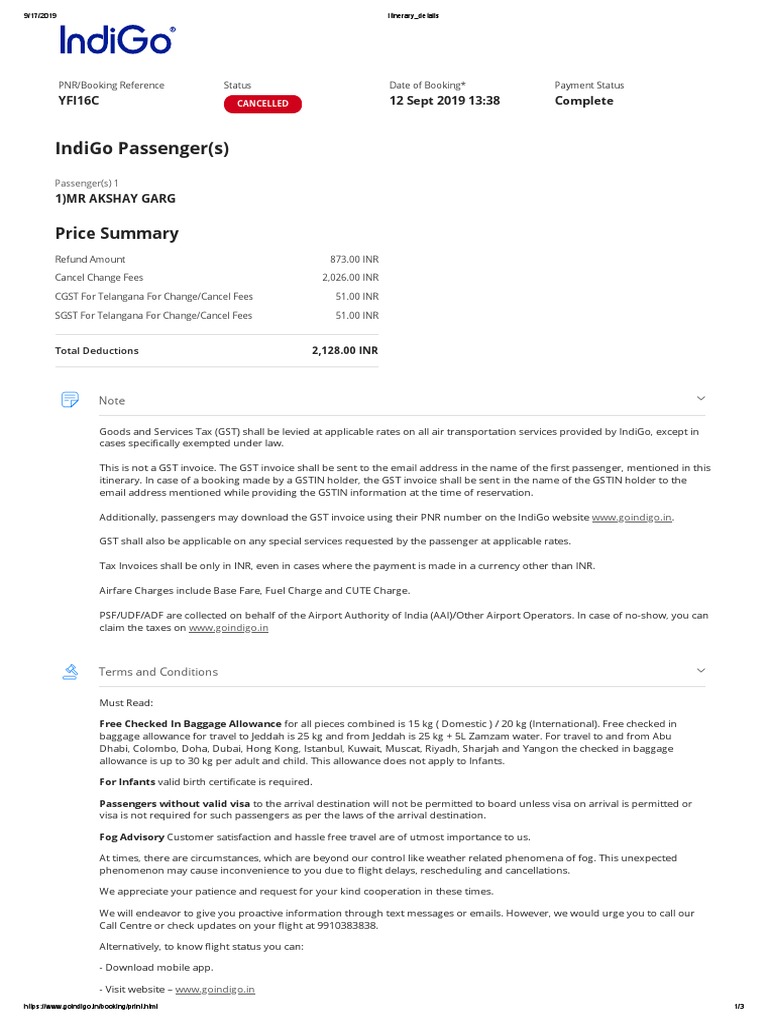 Indigo Cancelled Flight Refund Voucher | PDF | Value Added Tax | Travel ...