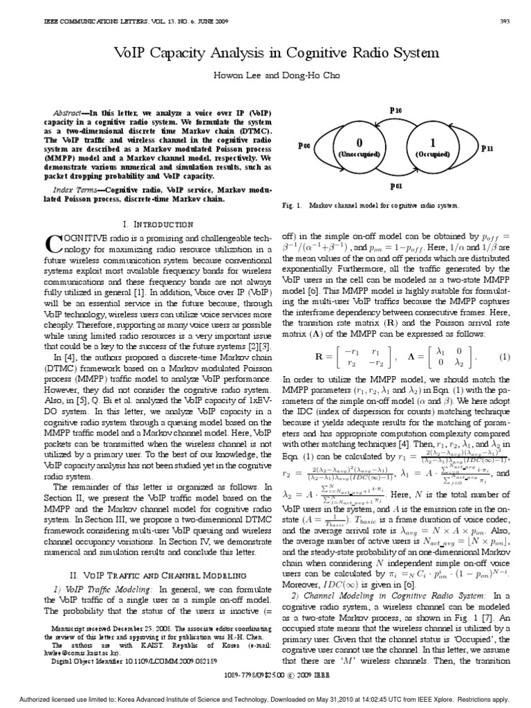 Voip Capacity Analysis in Cognitive Radio System: Howon Lee and Dong-Ho Cho | PDF | Markov Chain ...