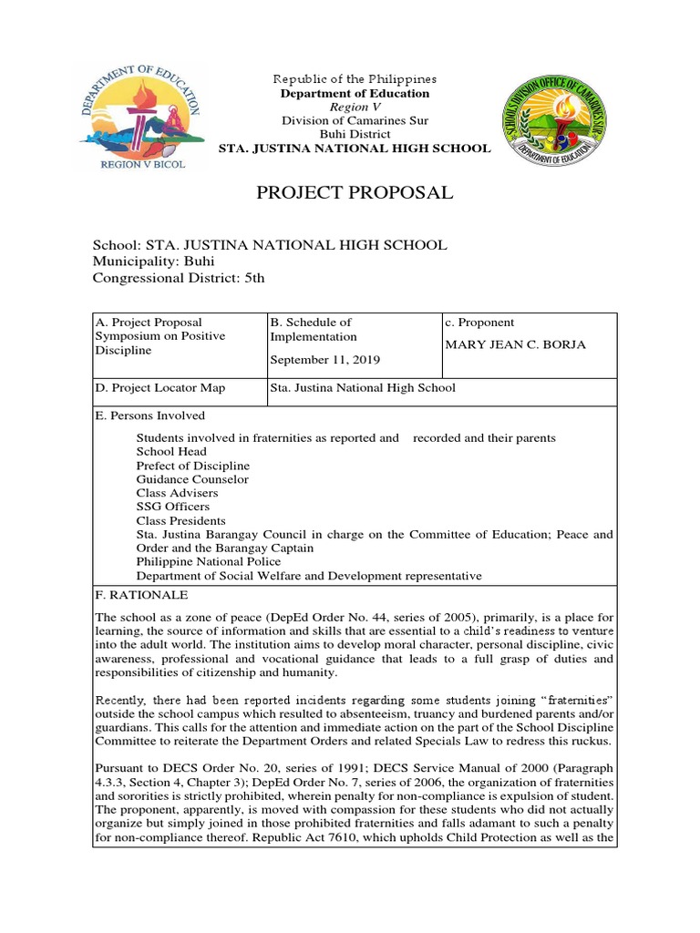 Project Proposal: School: Sta. Justina National High School ...