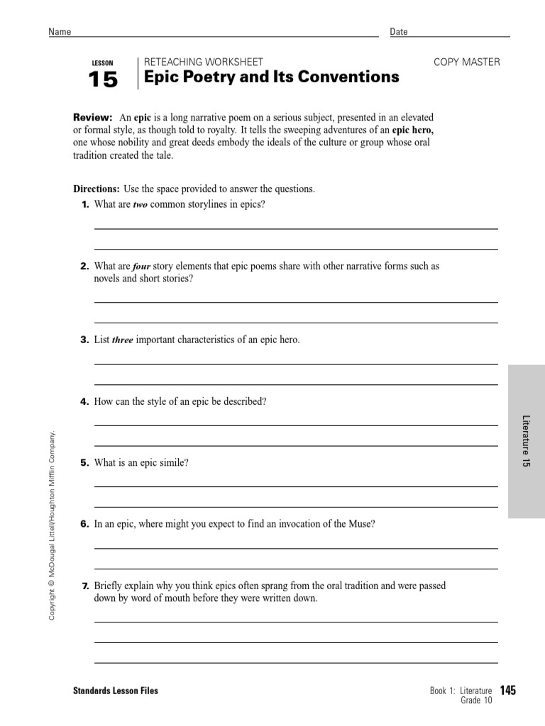 Epic Poetry and Its Conventions: Directions: Use The Space Provided To ...