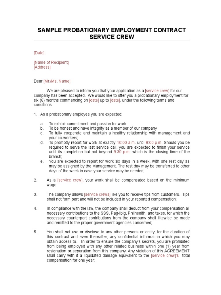 C0002 Probationary Employment Contract For Service Crew | PDF ...