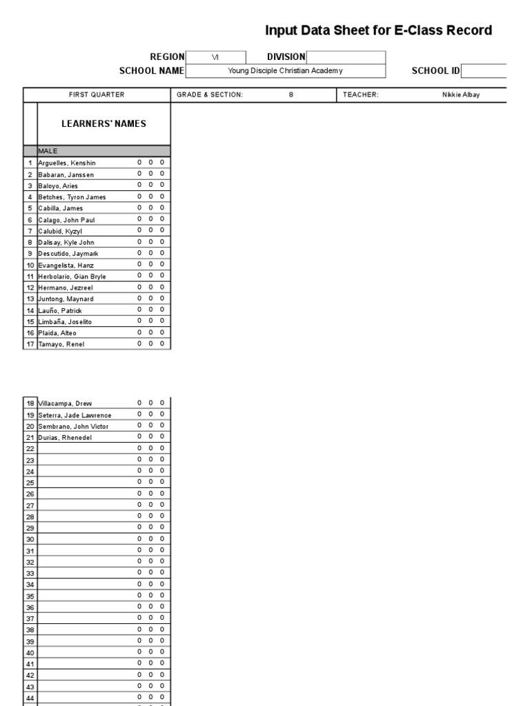 Input Data Sheet For E-Class Record: Region Division School Name School ...