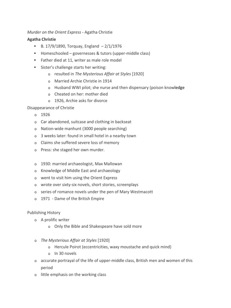 Murder On The Orient Express Handout | PDF | Agatha Christie ...