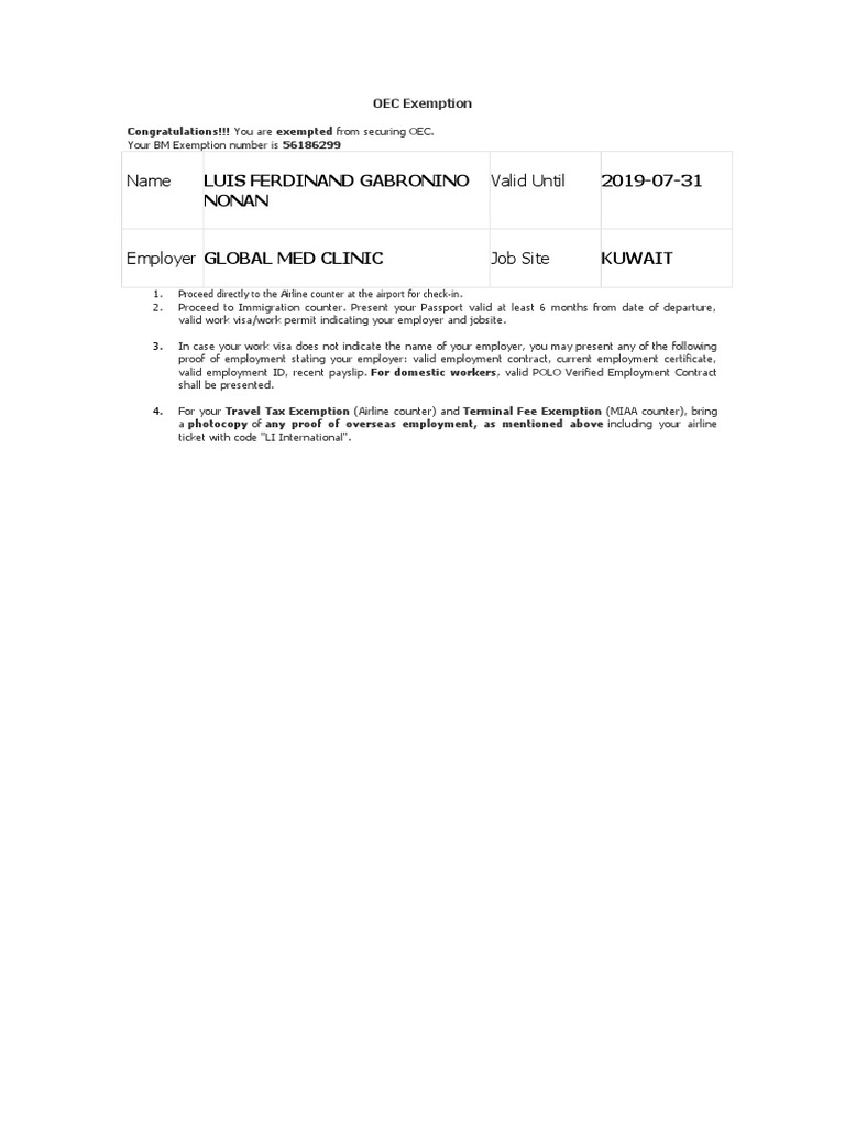 OEC Exemption 2019 | PDF