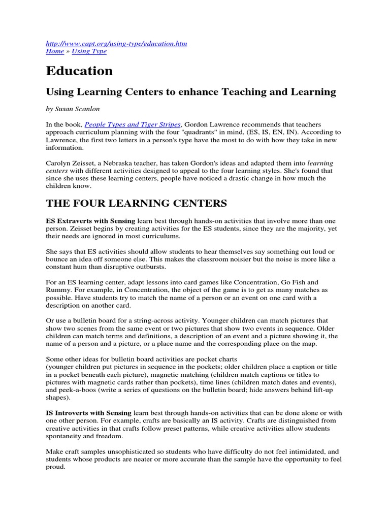 Education: Using Learning Centers To Enhance Teaching and Learning | Download Free PDF ...