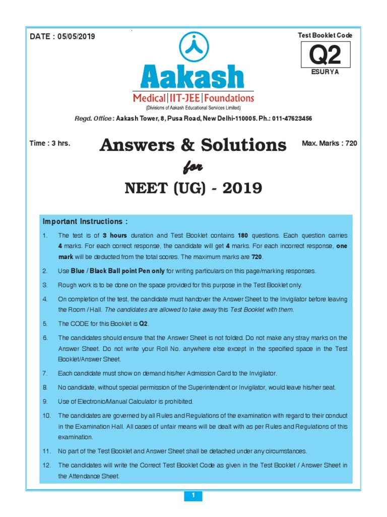Answers & Solutions: NEET (UG) - 2019 | PDF | Allele | Zygosity