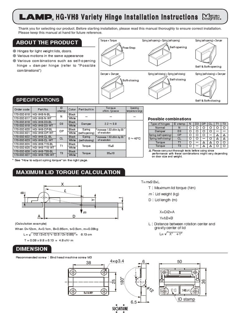 HG-VH8 Variety Hinge Installation Instructions: About The Product | PDF ...