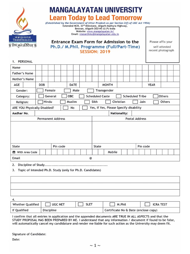 Ph.D M.phil Application Form Mangalayatan University 2019-20
