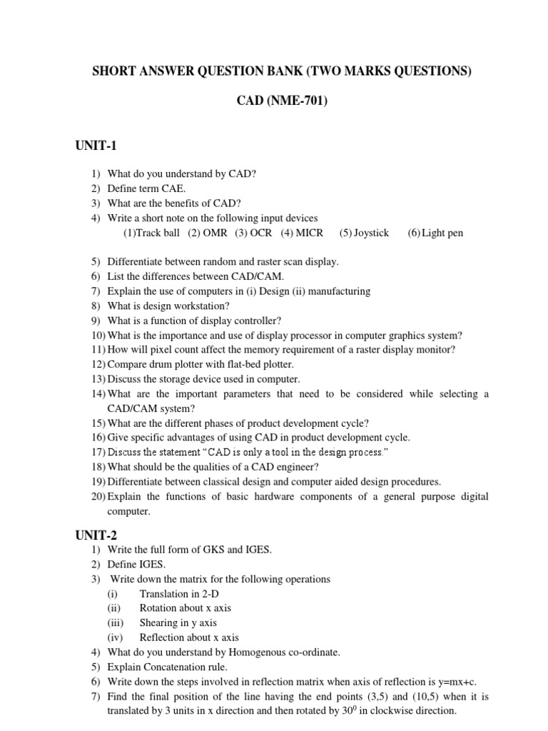 Short Question Bank CAD | PDF | Finite Element Method | Computer Aided ...