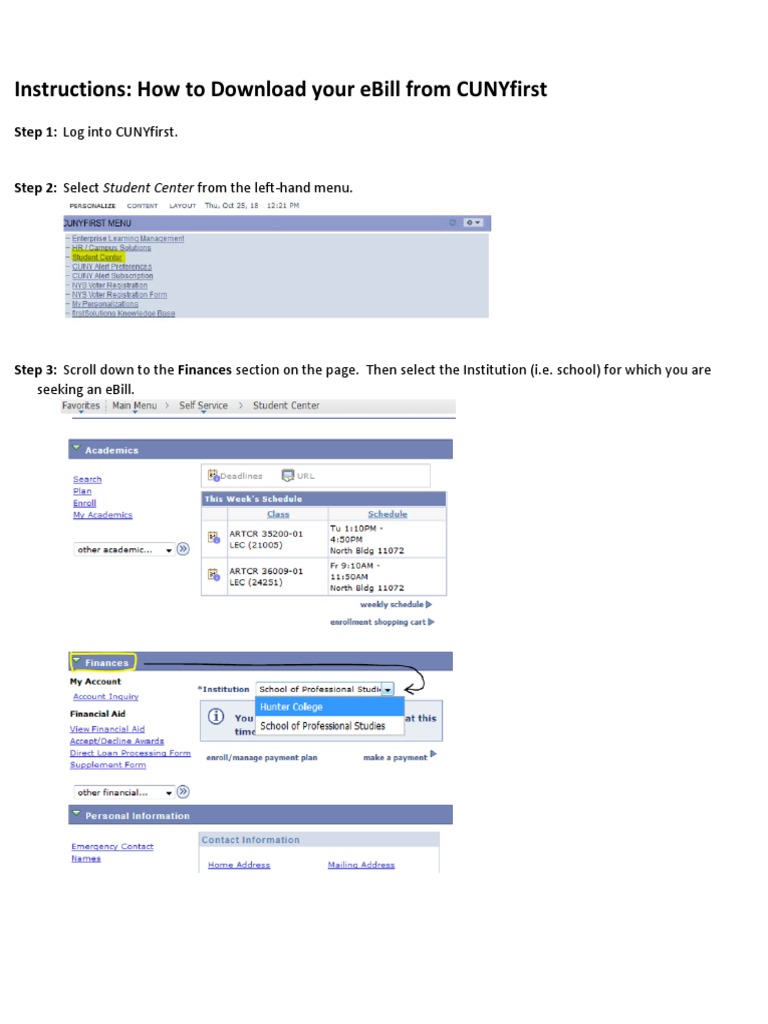 Instructions How To Download Your EBill From CUNYfirst | PDF