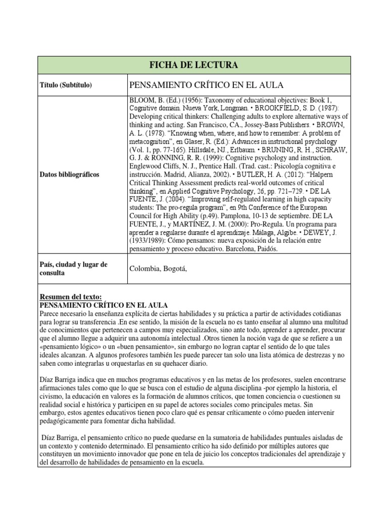 Resumen, Pensamiento Critico en El Aula | PDF | Pensamiento crítico ...