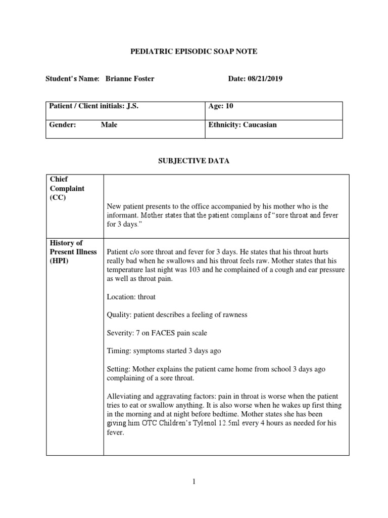 Pediatric Episodic Soap Note | Diseases And Disorders | Clinical Medicine