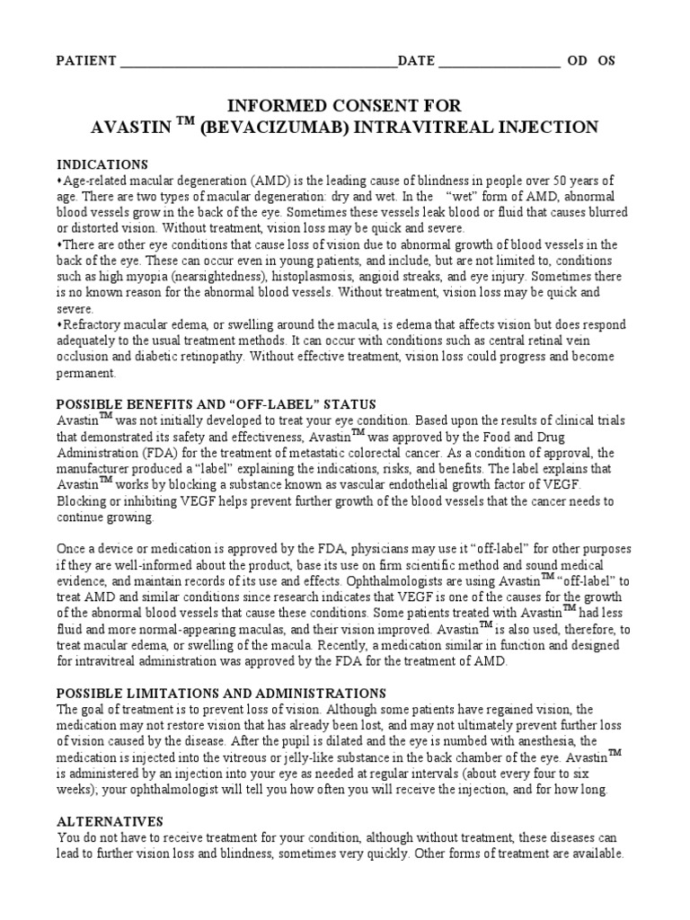 Avastin Injection Consent | PDF | Ophthalmology | Medicine
