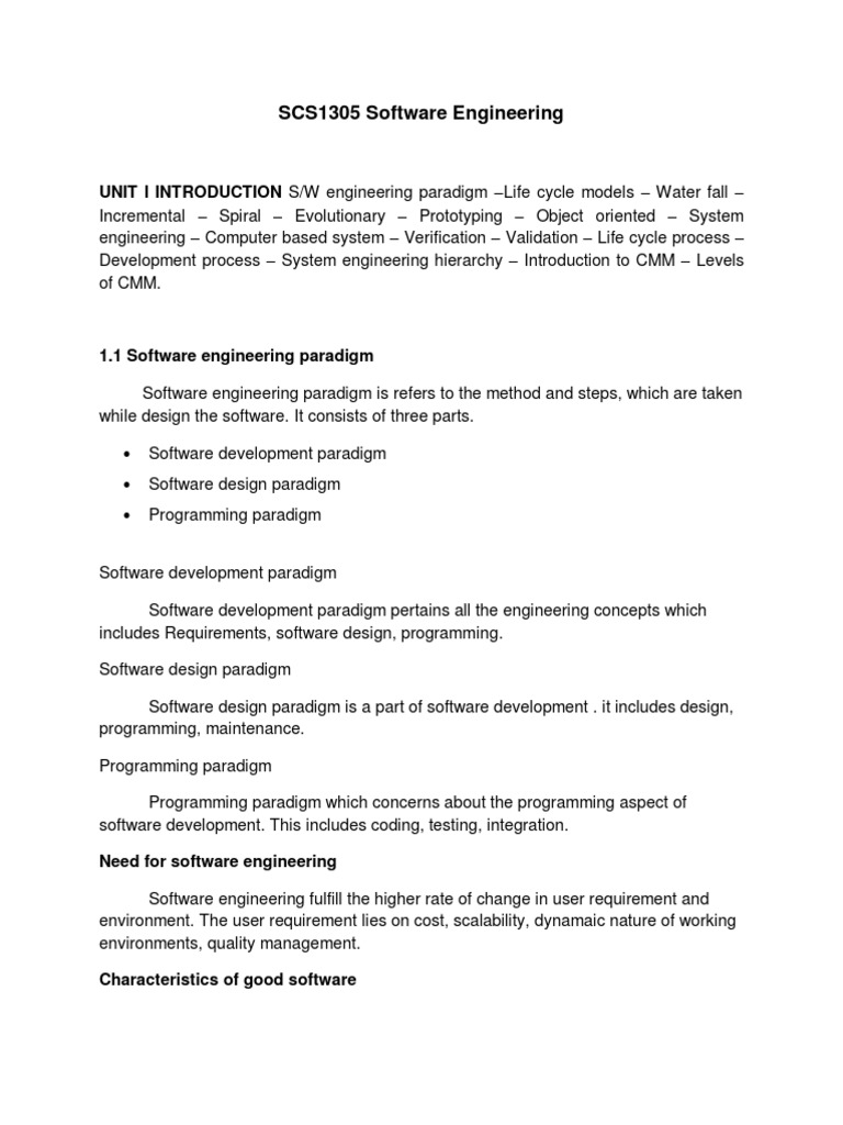 SCS1305 Software Engineering: UNIT I INTRODUCTION S/W Engineering ...