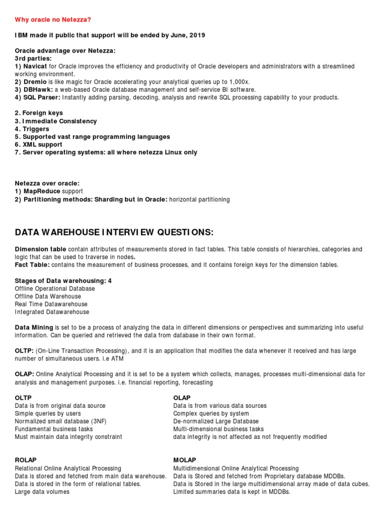 Data Warehouse Interview Questions:: Why Oracle No Netezza? | PDF | Data Warehouse | Oracle Database