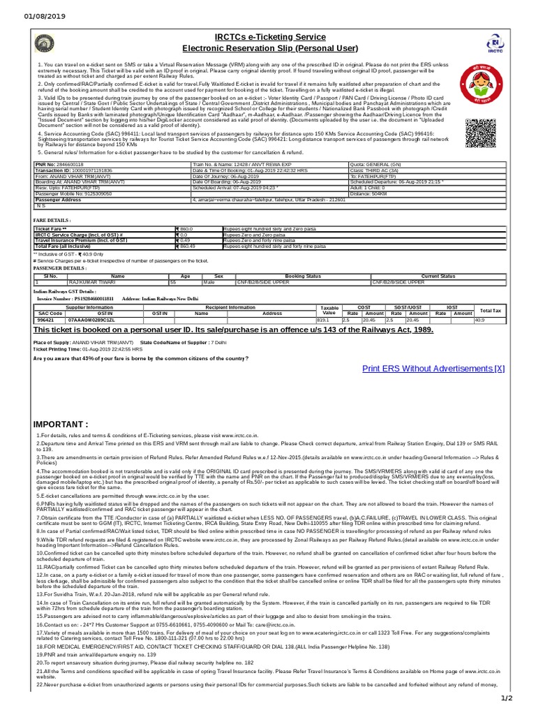 IRCTC e-Ticketing Guidelines and Details | PDF | Identity Document ...