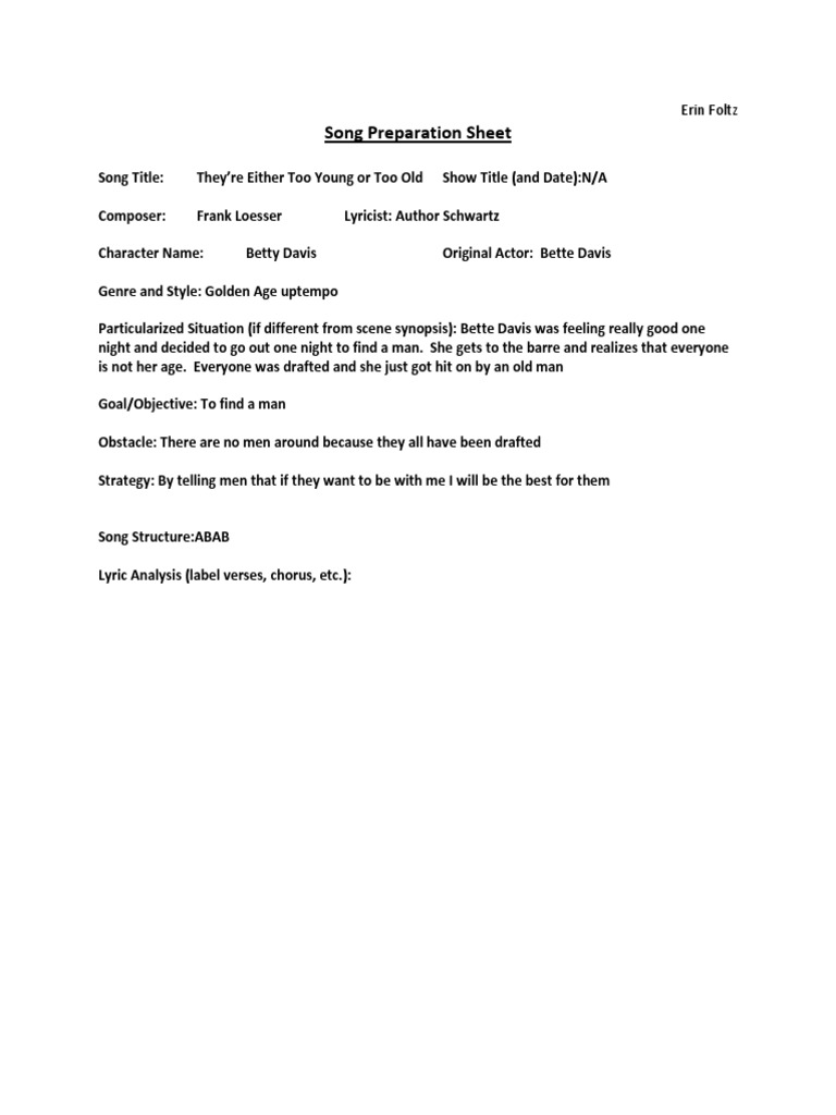 Song Preparation Sheet: Erin Foltz | PDF