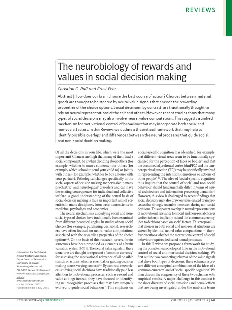 The Neurobiology of Rewards and Values in Social Decision Making PDF ...