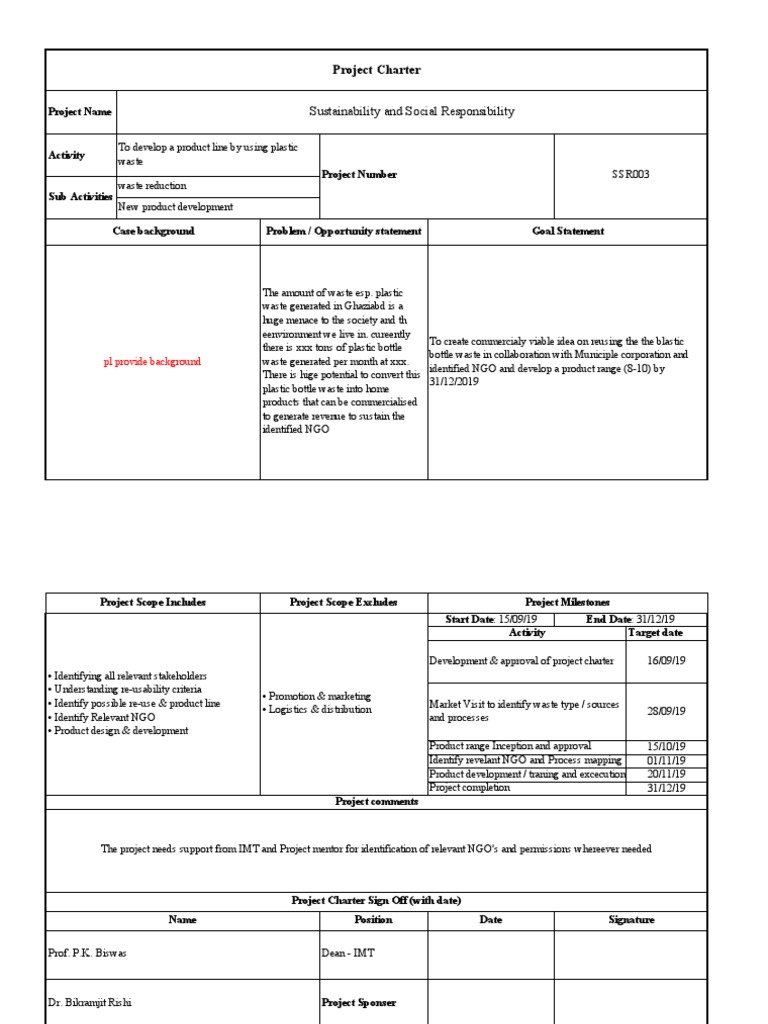 Sustainability and Social Responsibility: Project Charter | PDF | Waste ...