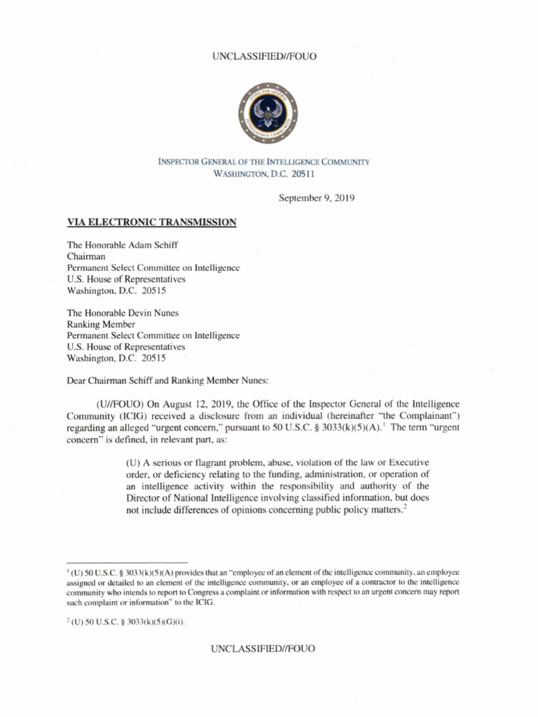 Sept. 9 Letter From Intel Inspector General To House Intelligence On ...
