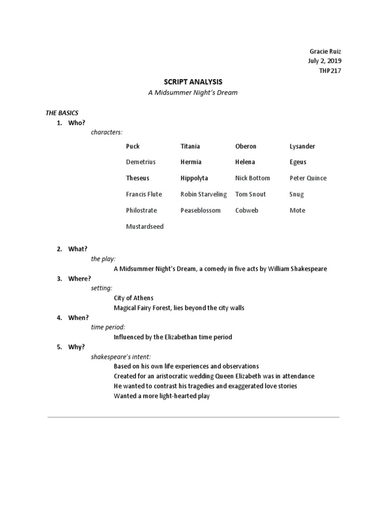 A Midsummer Night's Dream Script Analysis | PDF | A Midsummer Night's Dream | Shakespearean Comedies
