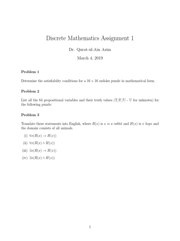 Discrete Mathematics Assignment 1: Dr. Qurat-ul-Ain Azim March 4, 2019 ...