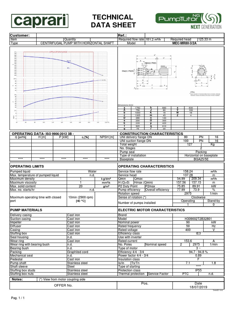 Technical Data Sheet: Customer: Ref. | PDF | Pump | Electric Motor