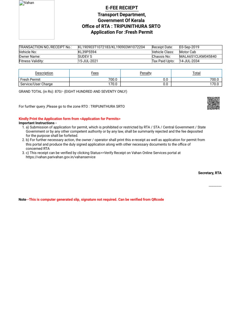 Kindly Print the Application form from | Receipt | Government