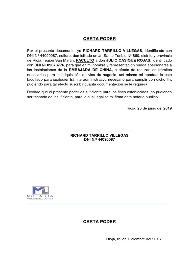 Carta Poder para Represpresentar Ante El Consulado de China - Richard ...