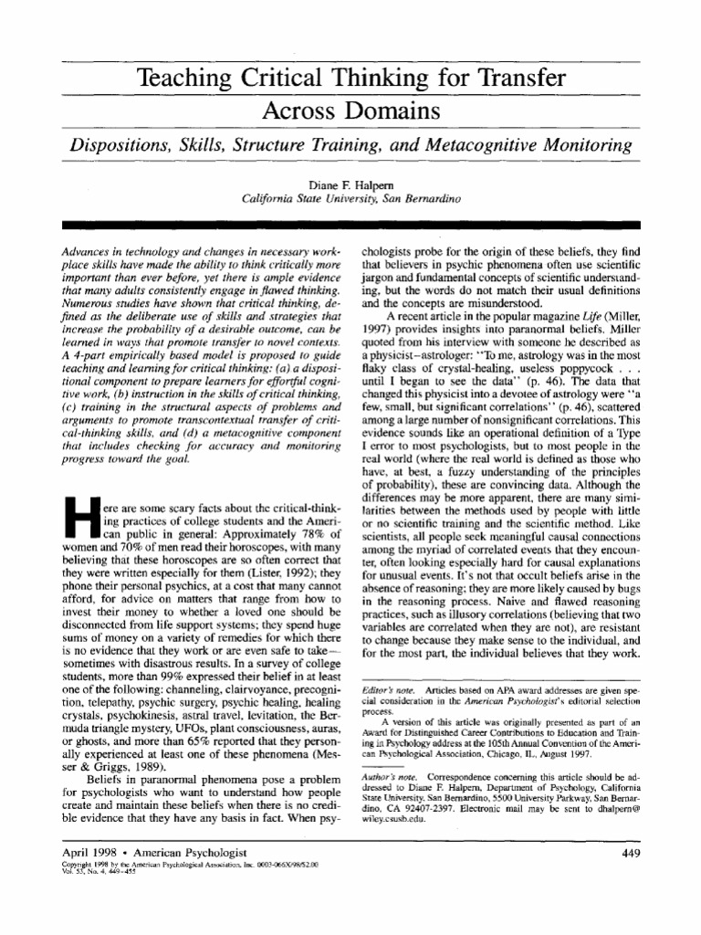 Teaching Critical Thinking For Transfer Across Domains | PDF | Critical ...
